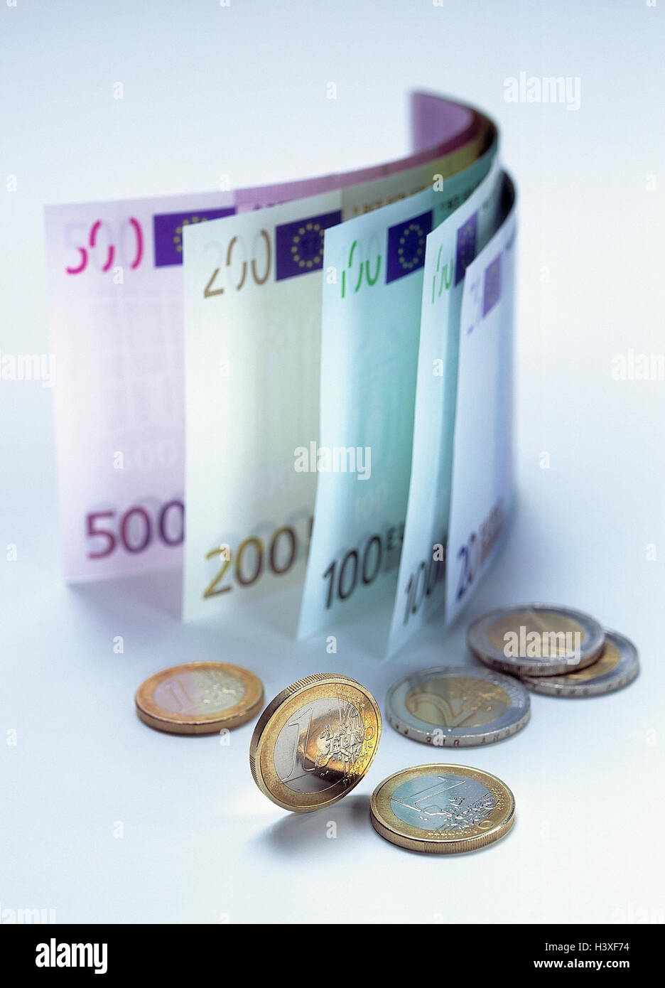 Euro, bank notes, coins, Still life, product photography, studio, cut ...
