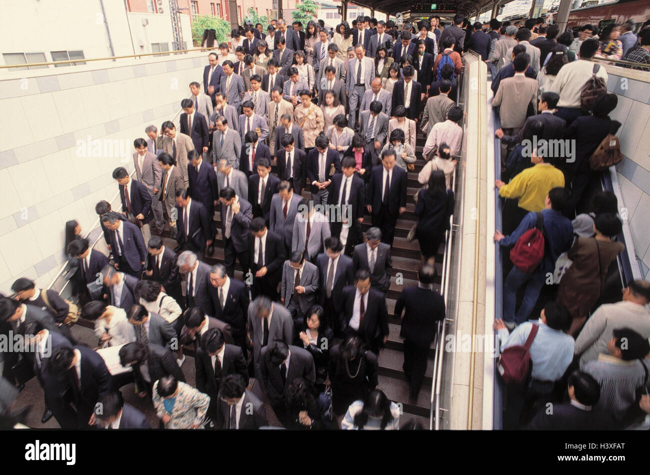 Japan, Tokyo, city railroad station, detail, stairs, people, outside ...