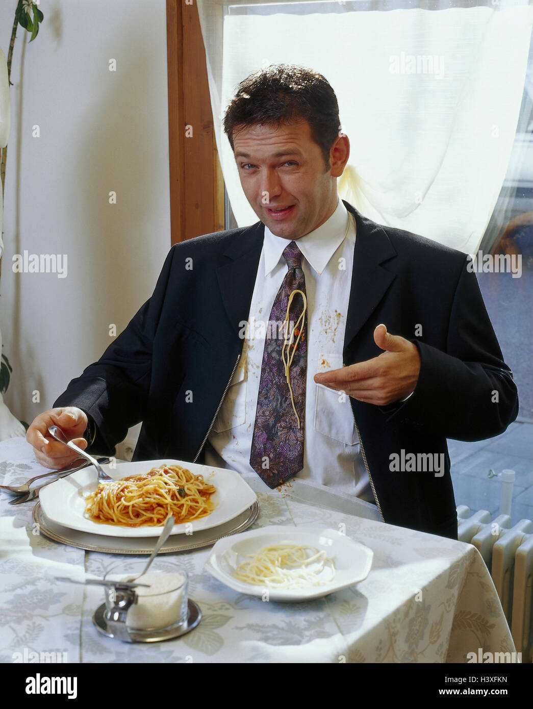 Restaurant, man, young, bad luck, tie, spaghetti, eat, businessman ...