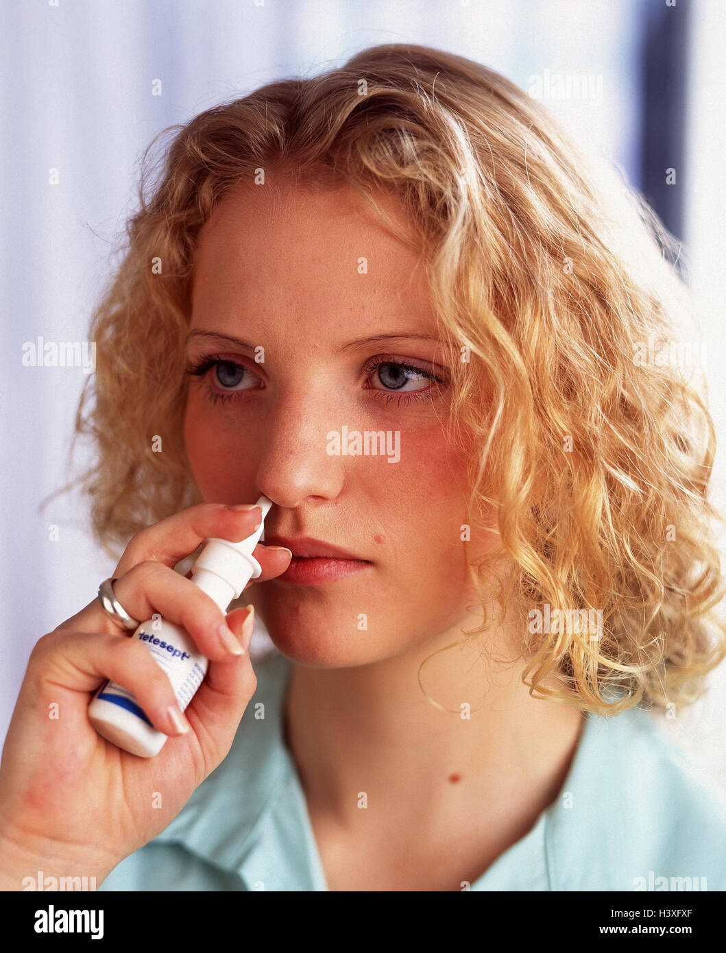 Woman, nasal spray, portrait, young, inside, portrait, medicament ...