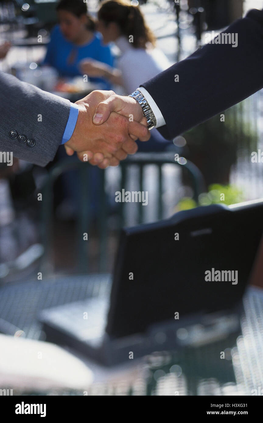 Business people, detail, slap, outside, street cafe, men, hands ...