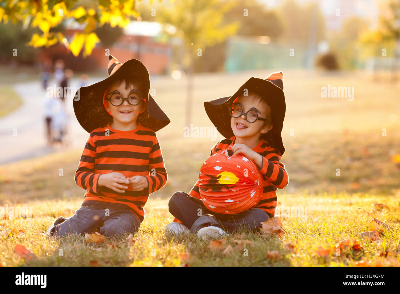 Two boys in the park with Halloween costumes, having fun Stock Photo ...
