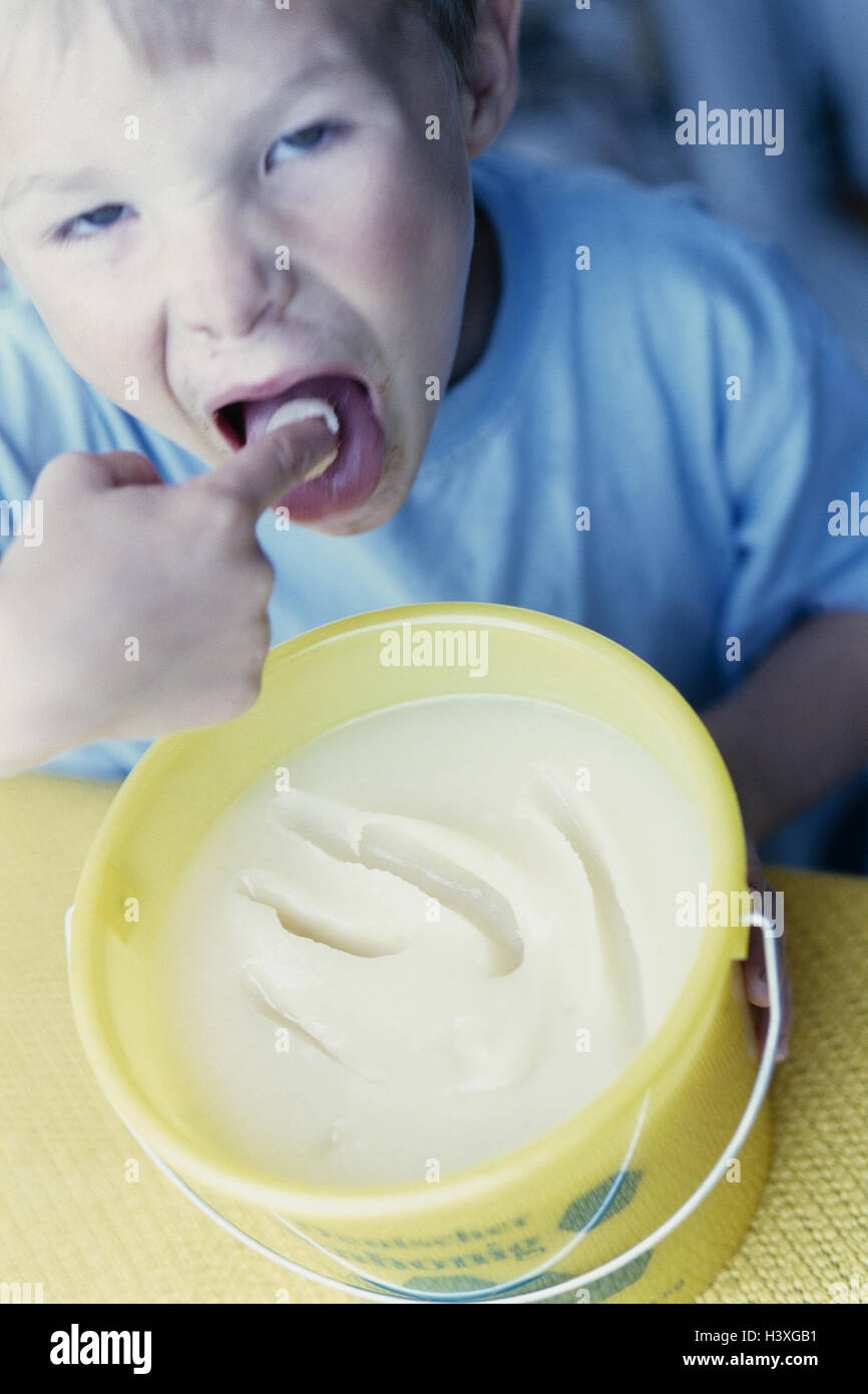 Boy, bucket, sweet, finger, nibble inside, child, pudding, lacteal ...