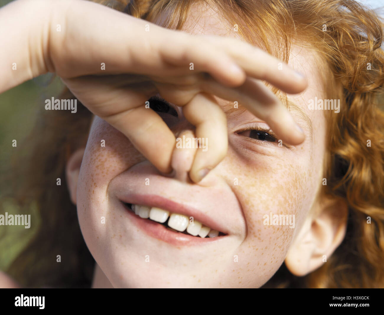 Child, girls, freckles, rehaired, smiles, cheerfully, gesture, "Nose ...