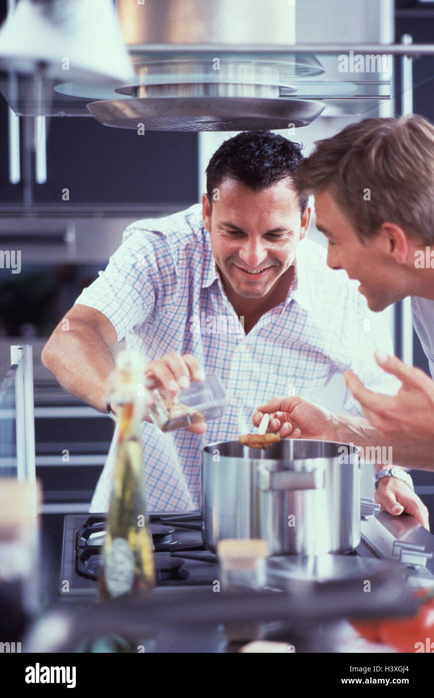 Cuisine, men, cooking, lifestyle, inside, at home, household, two ...