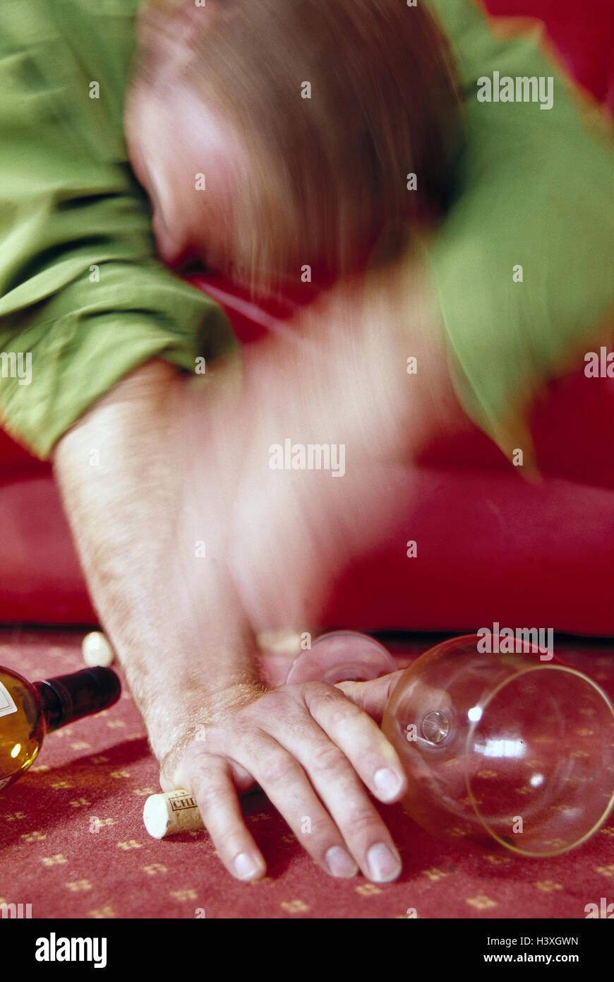 Man, drunk, glass, wine Bottle, fallen down, blur, very close ...