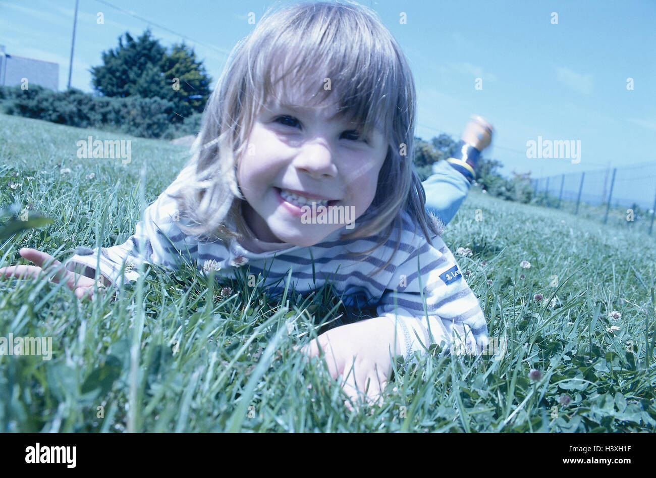 Girls, lie, meadow, laugh, happy, outside, child, holidays, fun ...