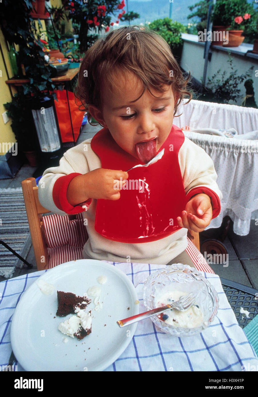 Balcony, child, ice, eat, portrait, inside, at home, girls, table, sit ...