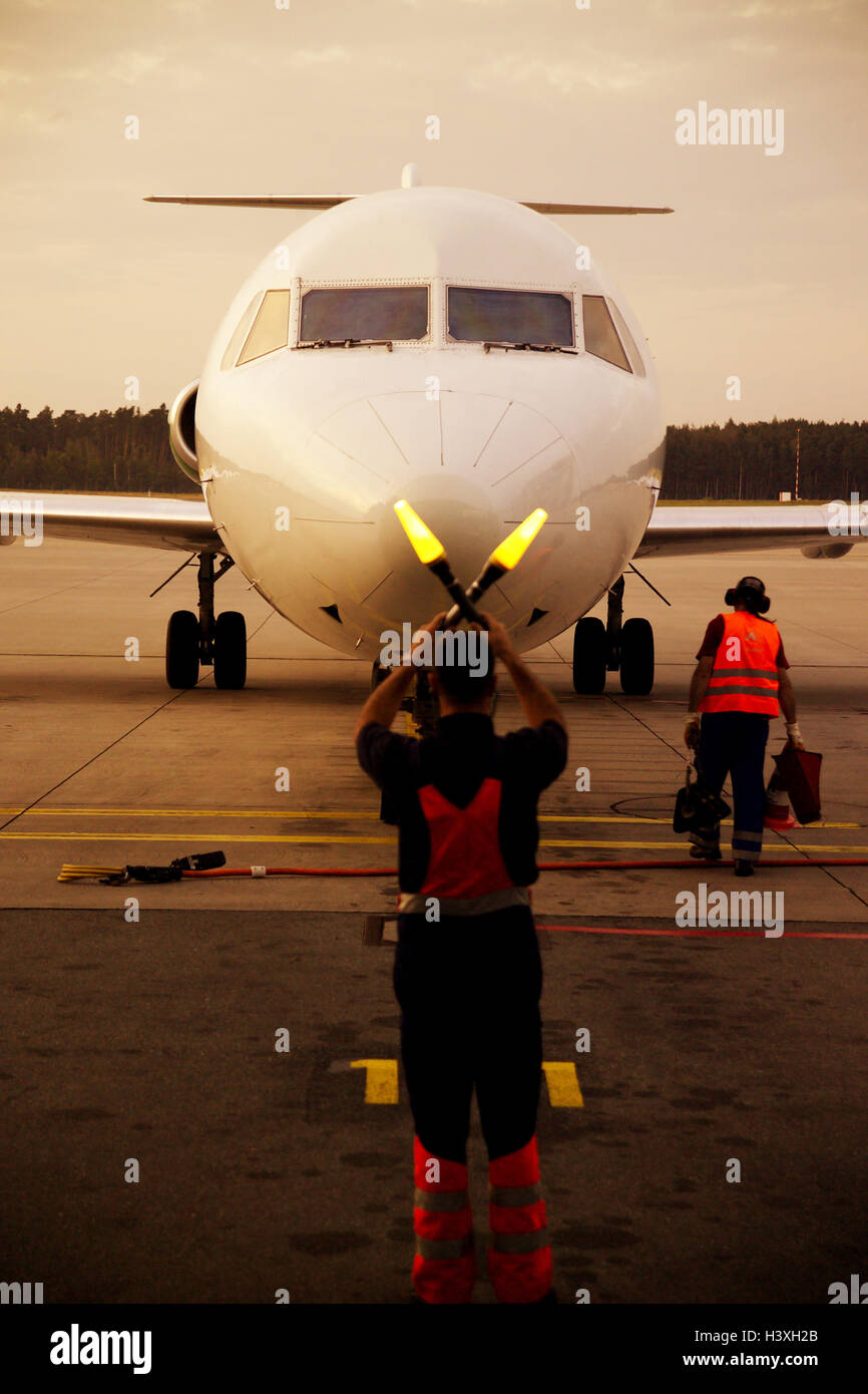 Airport, runway, airplane, Air traffic controller, gesture, dusk, no ...