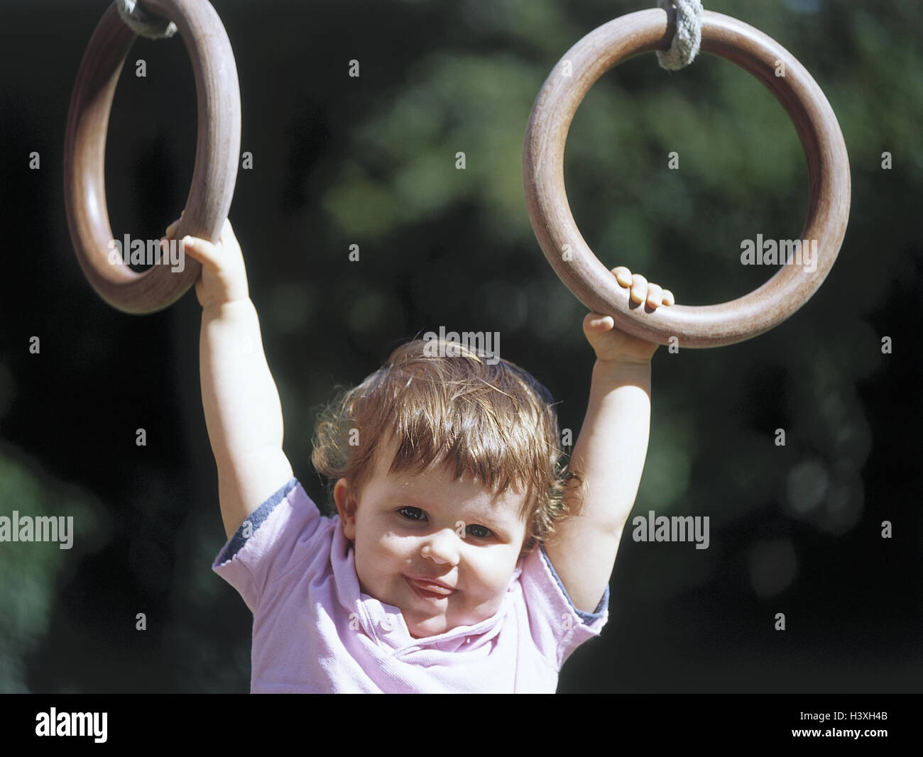 Infant, gymnastic equipment, rings, child, girl, small, hang, stick ...