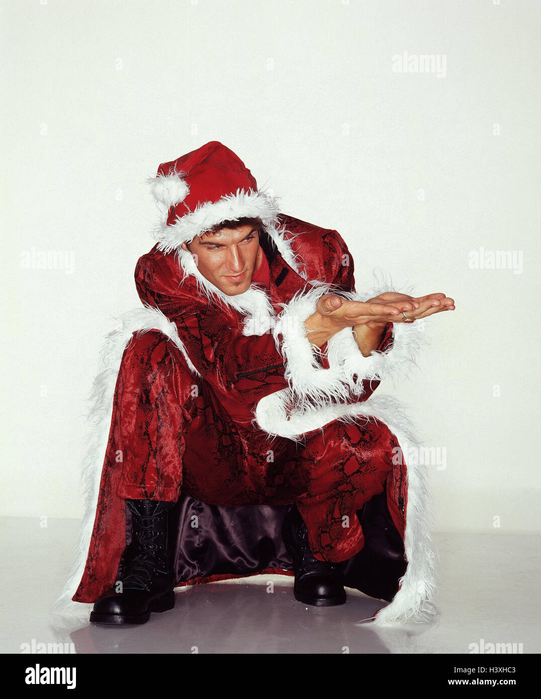 Man, lining, Santa Claus, squat, gesture, present studio, cut out ...