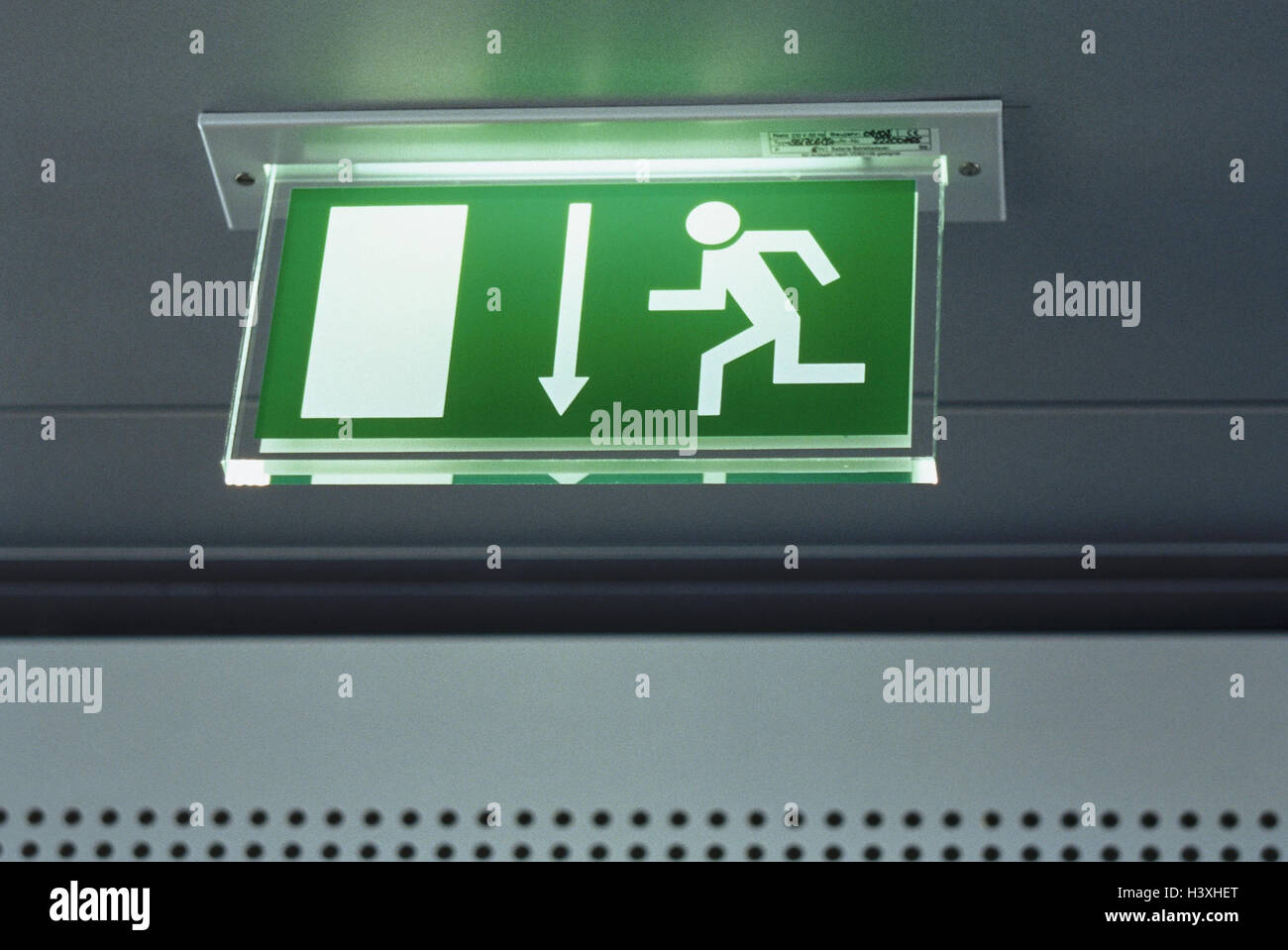 Sign, escape route, inside, building, emergency exit, luminous sign ...