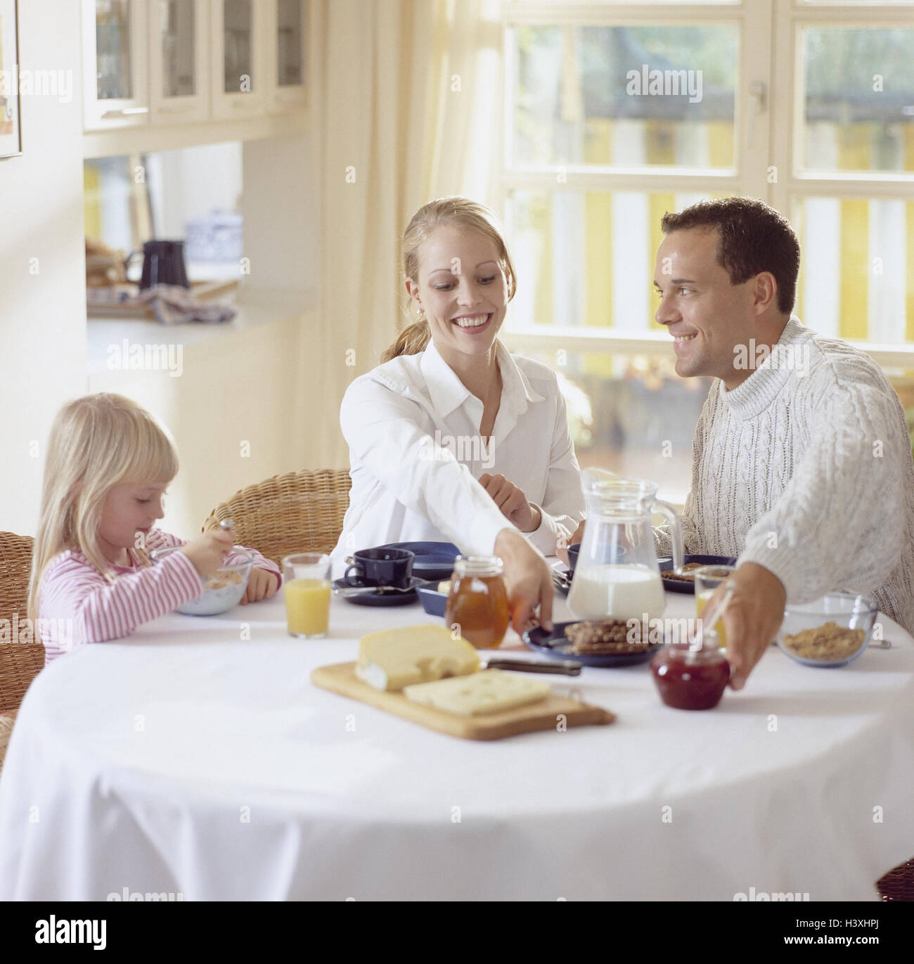 Breakfast table, family, have breakfast, drink inside, at home, parents ...