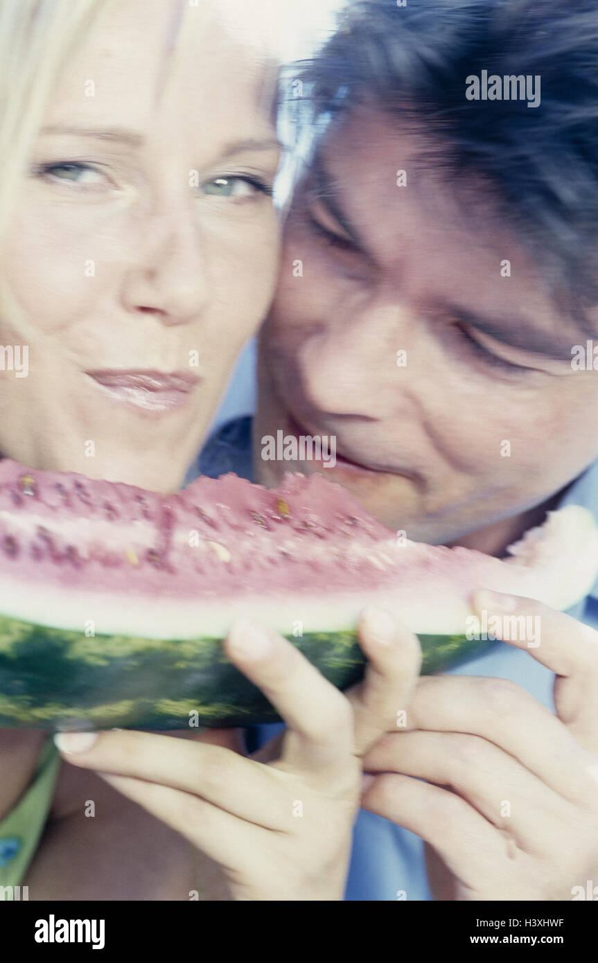 Couple, watermelon, eat, portrait, young, falls in love, love ...