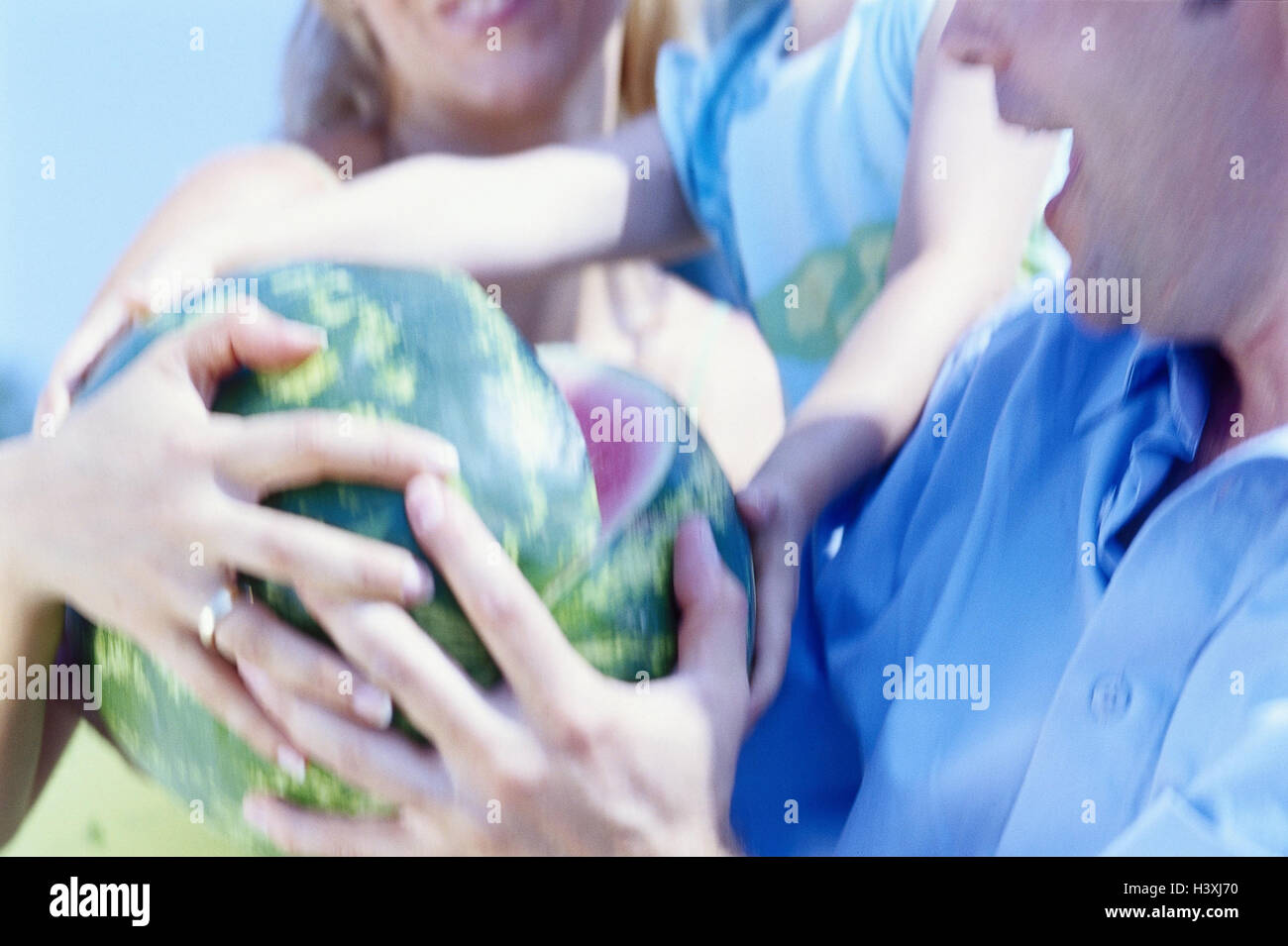 Family, happy, watermelon, carry, detail, very close, outside, summer ...