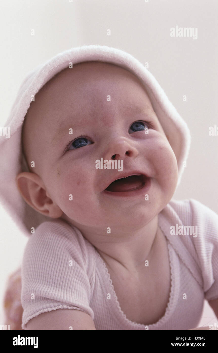 Baby, care, abdominal position, laugh, portrait, very close, inside ...