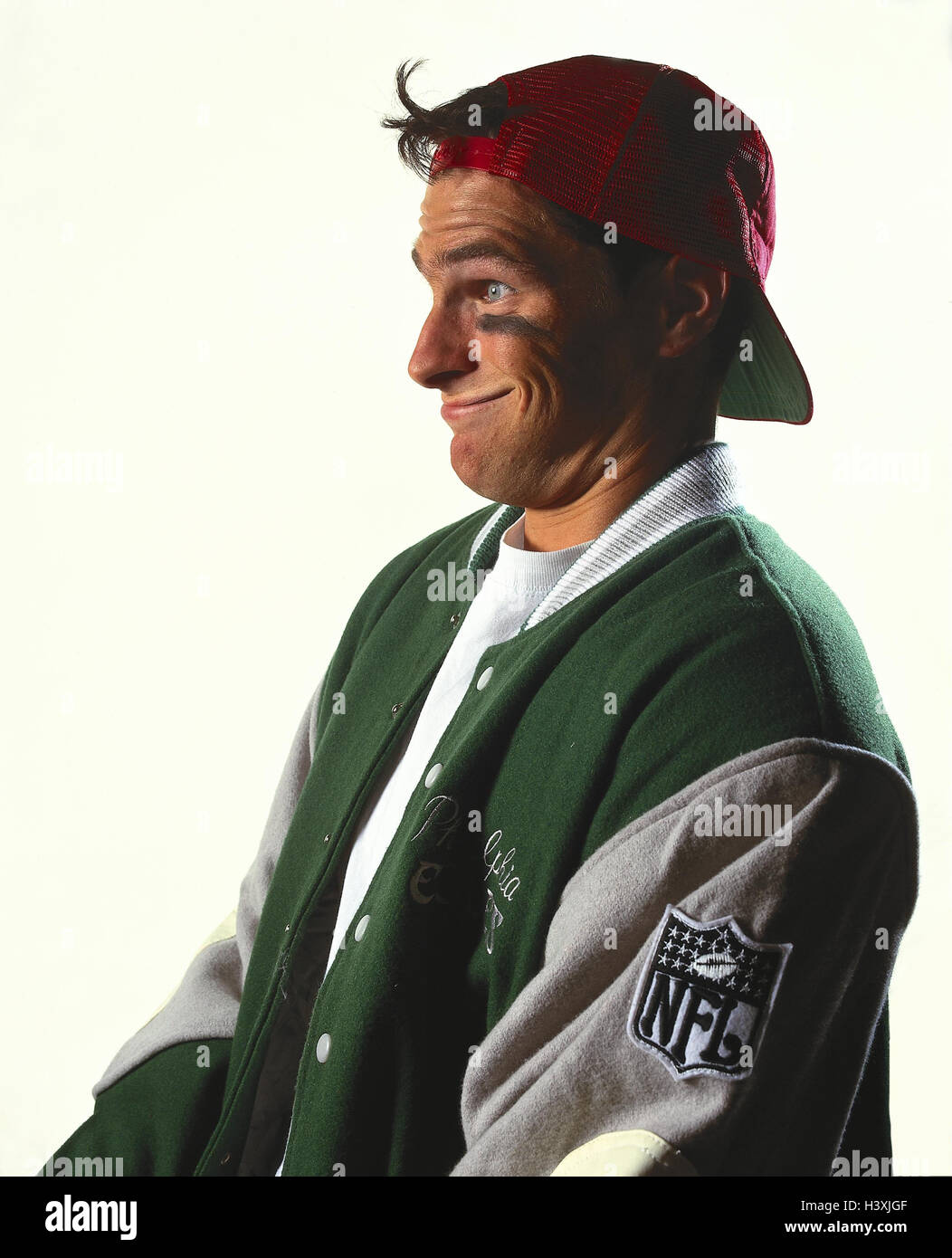Man, baseball cap, facial play, finish laughing, half portrait, look ...