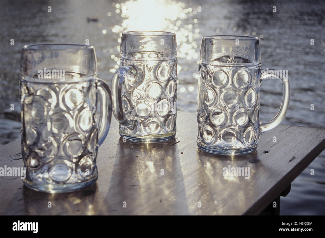 Lakeside, table, beer mugs, blank, light reflexion, Germany, Munich ...