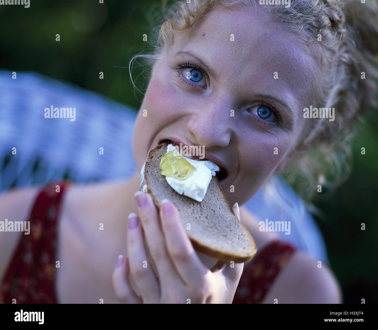 Woman, young, bread, books, eat, portrait, outside, summers, lifestyle ...