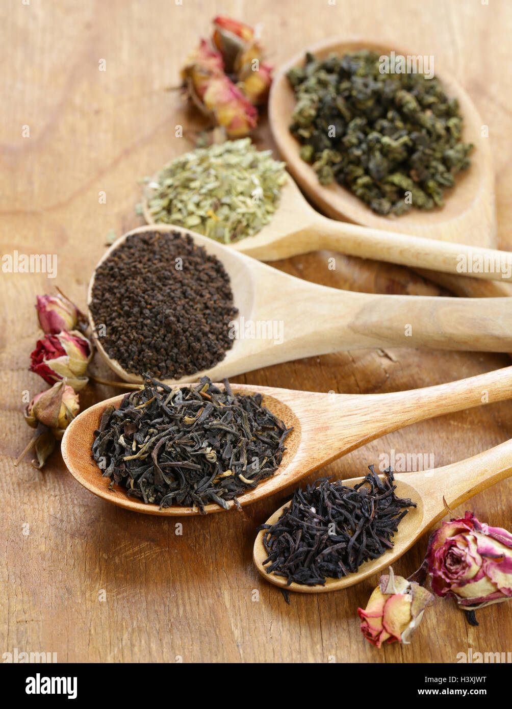 various types of tea in a wooden spoon Stock Photo - Alamy