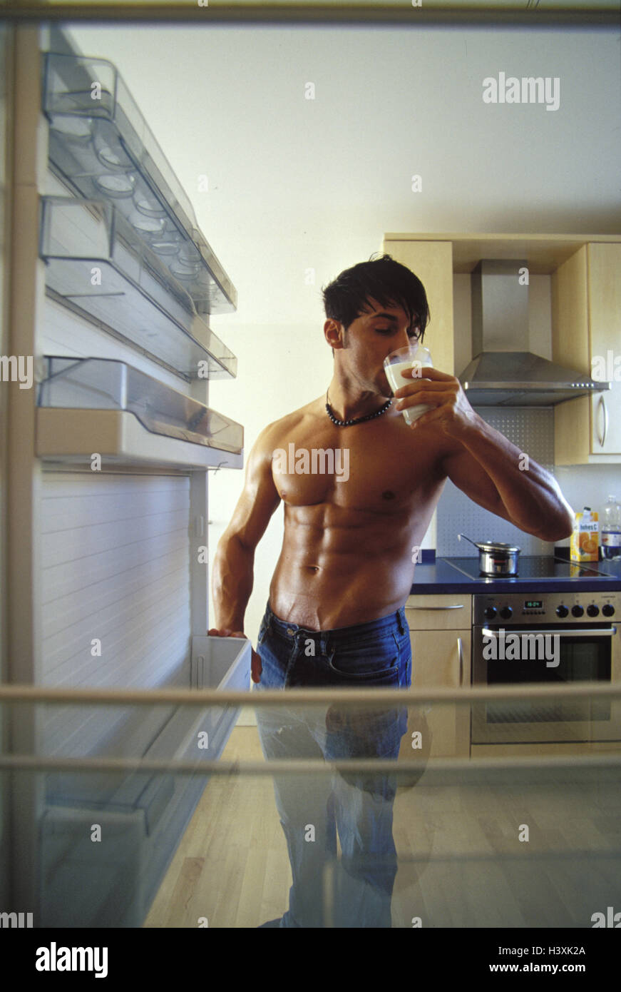 Cuisine, fridge, blank, man, free upper part of the body, milk drink ...