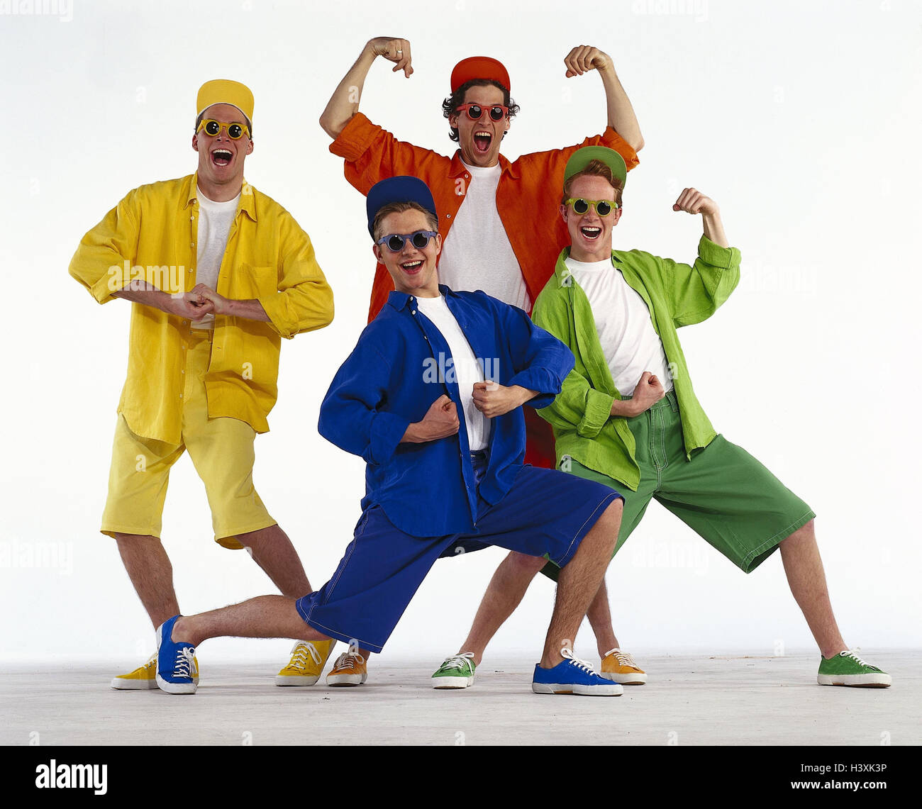 Men, four, gesture, poses, starch young, clothes, brightly, sign cap ...