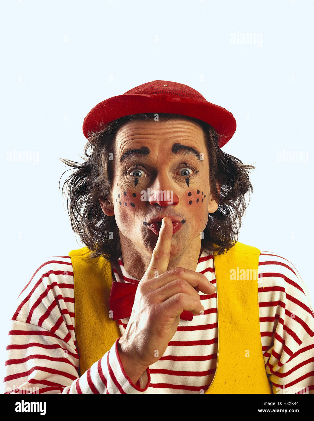 Clown, gesture, 'silence', portrait, studio, mb 95 A4 Stock Photo - Alamy