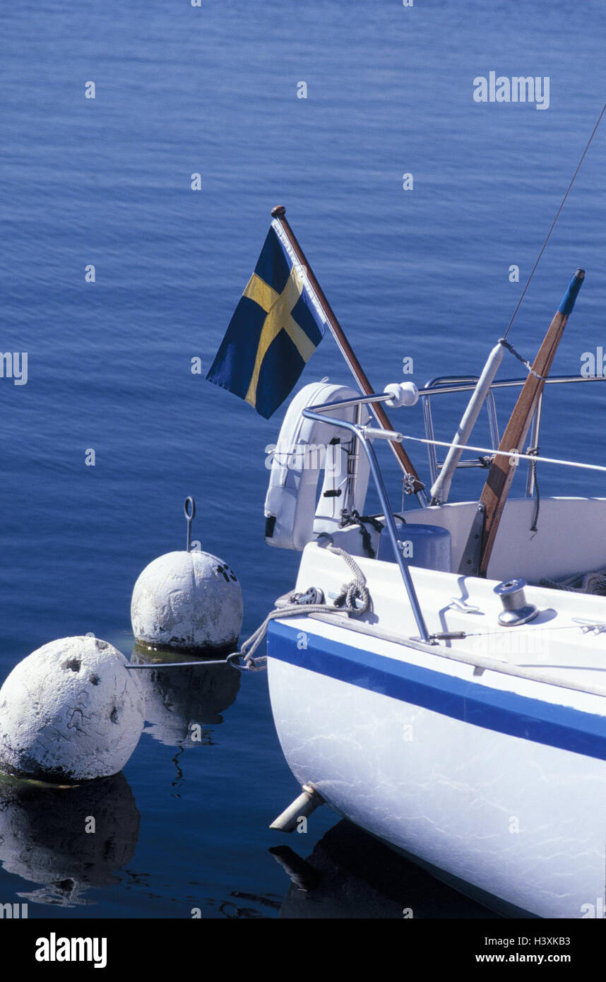 Swedes, Karlskrona, boat, at anchor, detail, buoys, flag in Swedish the ...