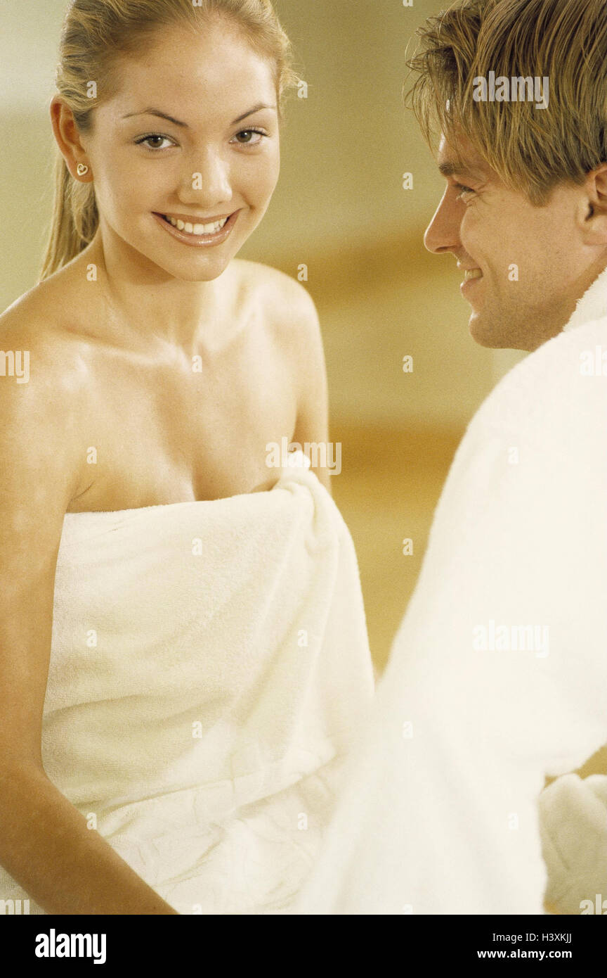 Couple, bathrobe, towel, sit, relax, happy, model released, partner ...