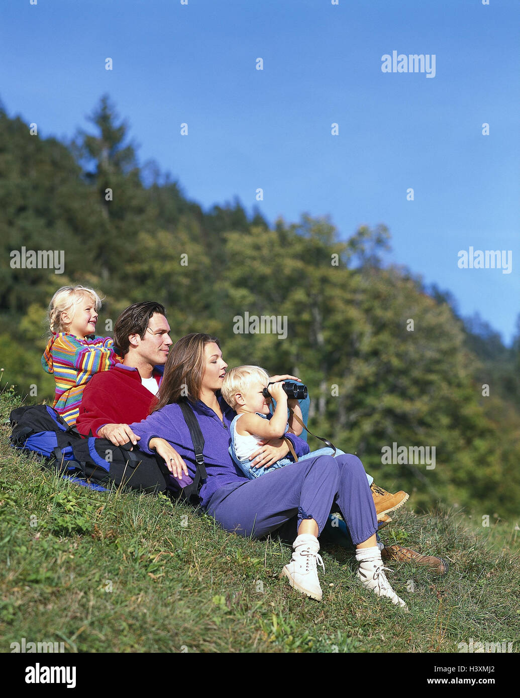 Excursion, family, walking, break, boy, binoculars, outside, young ...