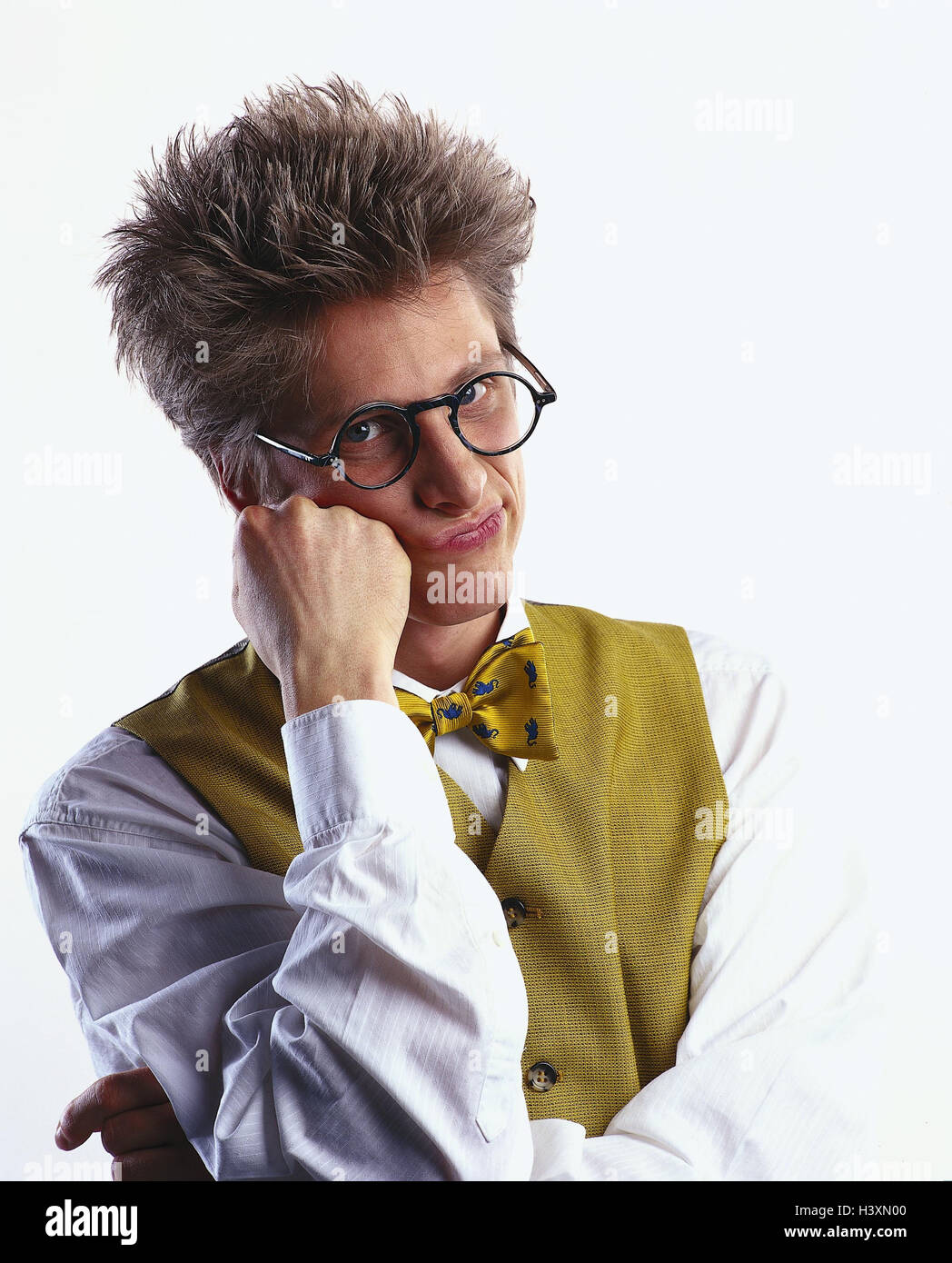 Man, glasses, gesture, sulk, support, half portrait, waistcoat, fly ...