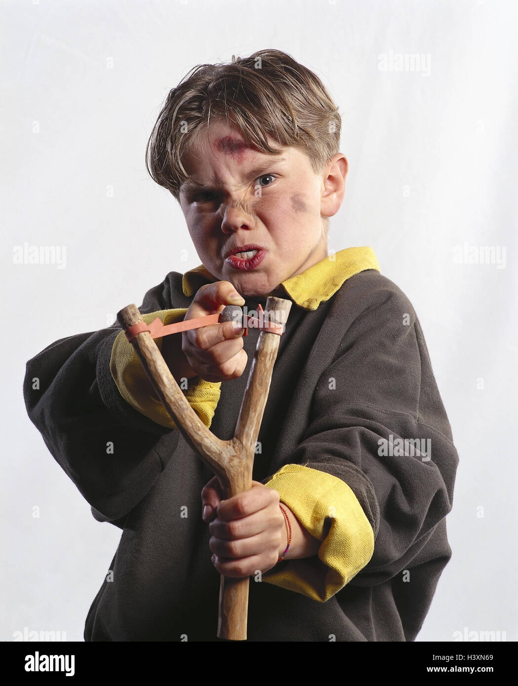 Boy, catapult, facial play, furiously, cheeky, aggressively, portrait ...