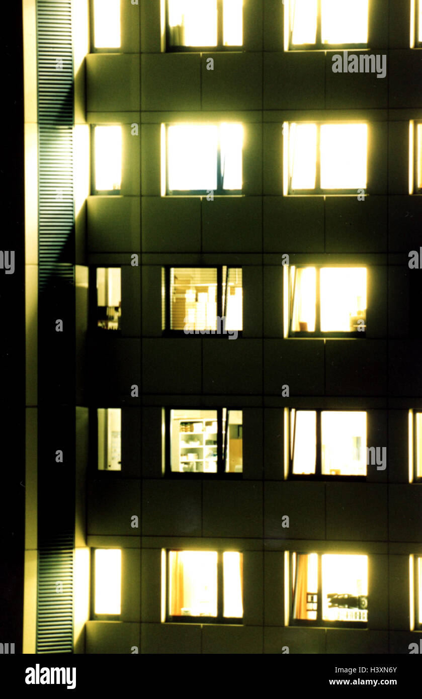 Hospital, facade, window, illuminateds, detail, night, building ...