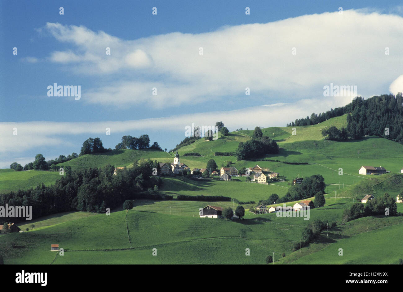 Switzerland, Appenzeller country, hill, village, meadows, canton ...