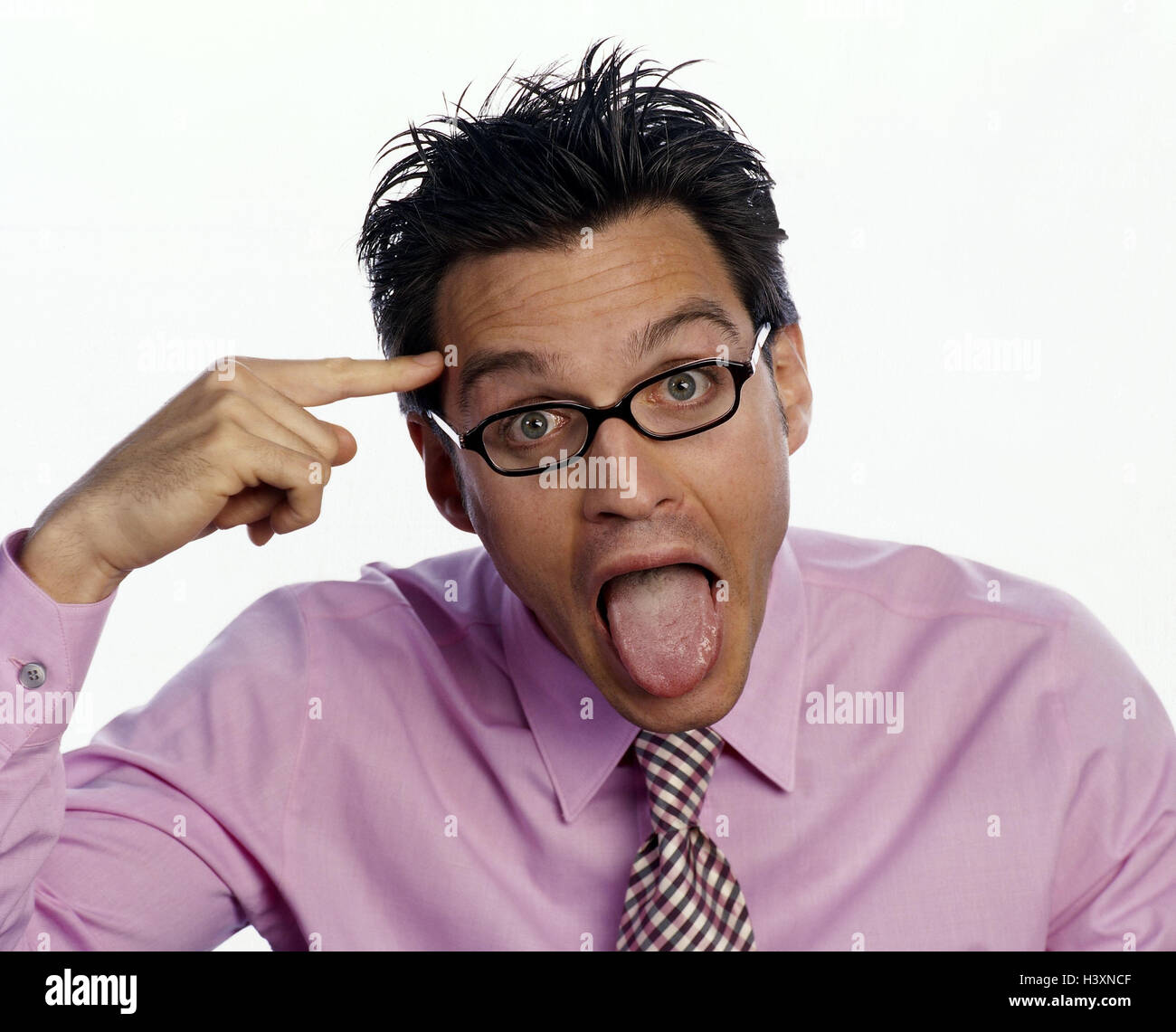 Man, young, glasses, gesture, flip the bird, portrait, grimace, tongue ...
