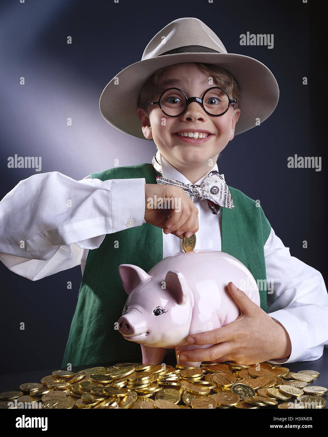 Boy, glasses, care, fly, piggy bank, coin, throw in child, save ...