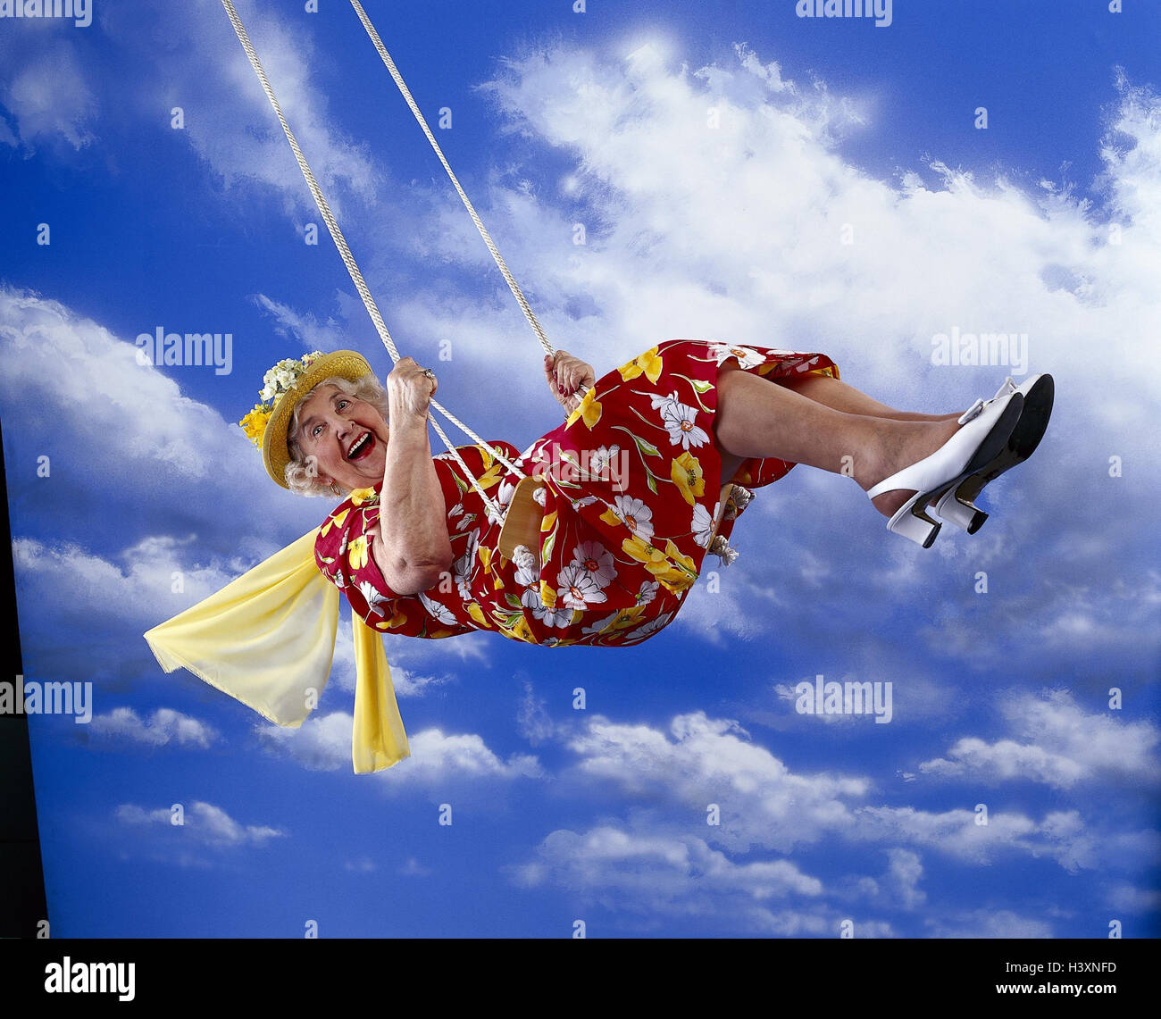 Senior, swing, laugh, swing joy, cloudy sky woman, old, care, silk ...
