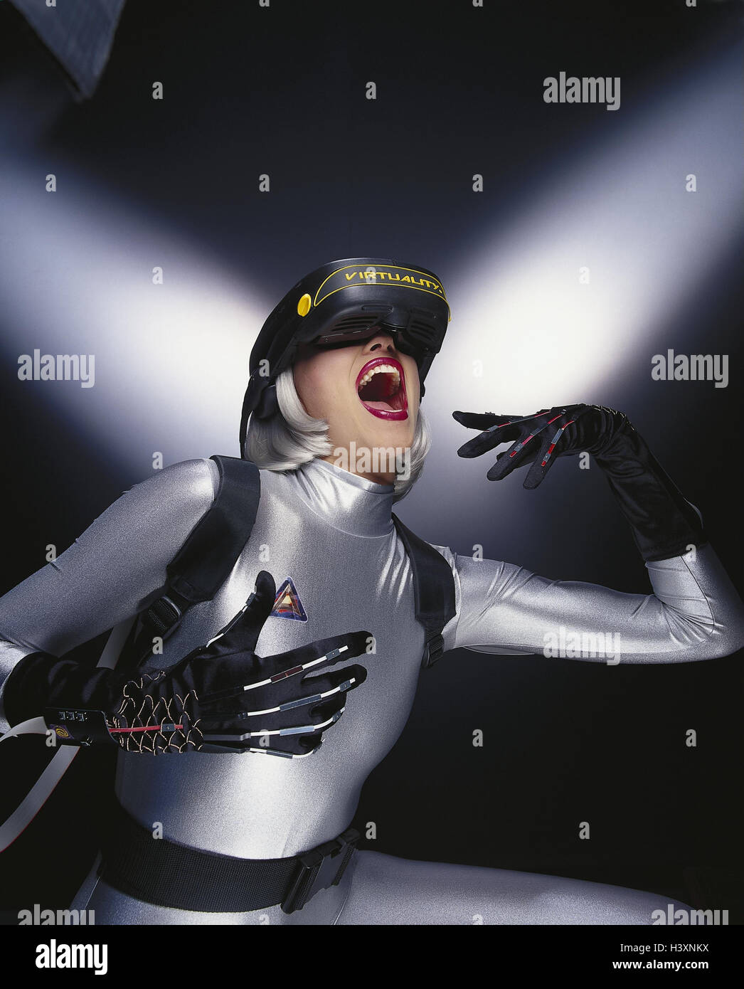 Virtual reality, woman, suit, silver, head-mounted display, gesture ...