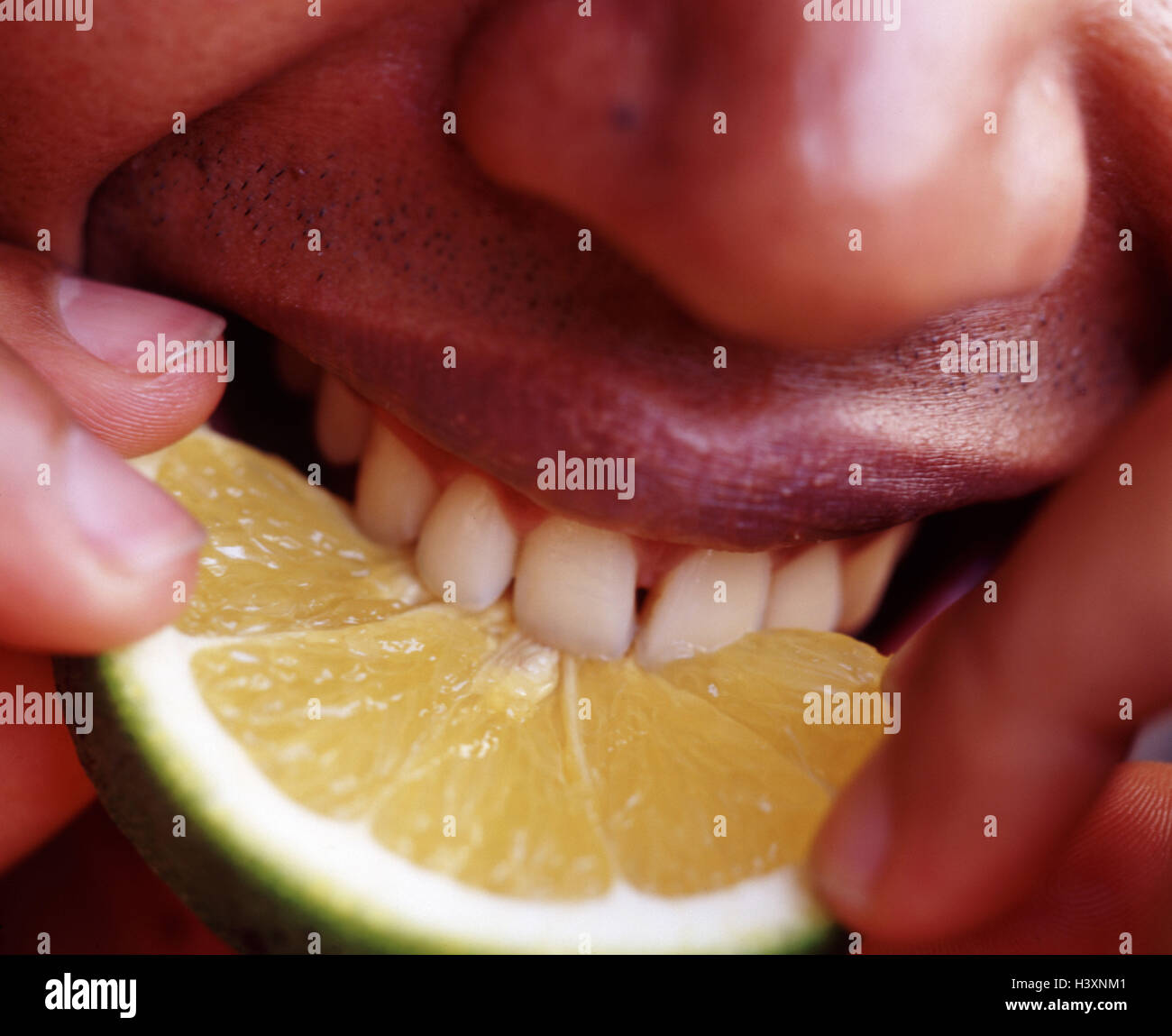 Man, lime slice, bite, close up, fruit, citrus fruit, tropical fruit ...