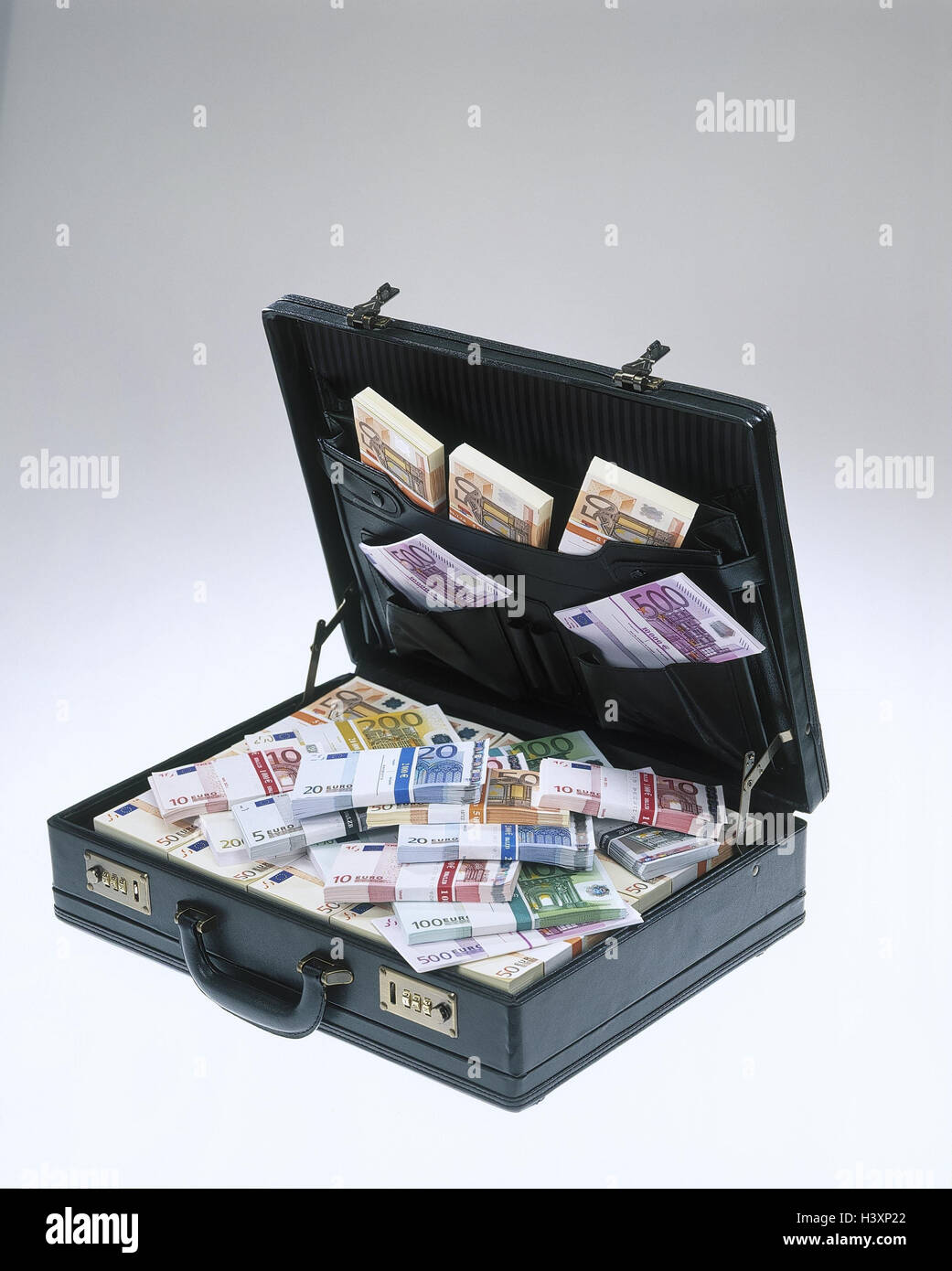 Suitcase, opened, bank notes, euro, bundled up, Still life, product ...