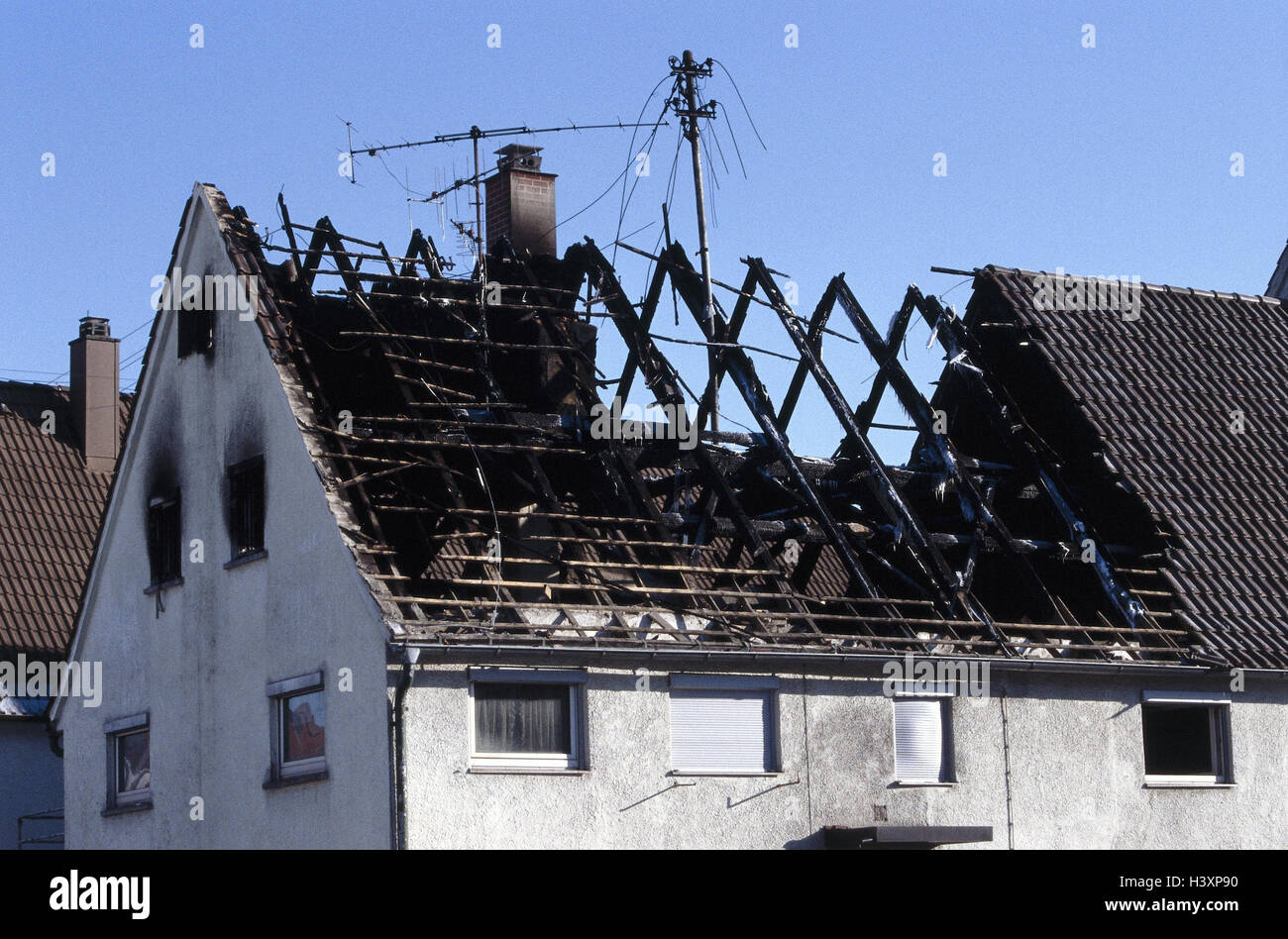 Residential house, roof truss, burnt down, house, building fire, fire ...