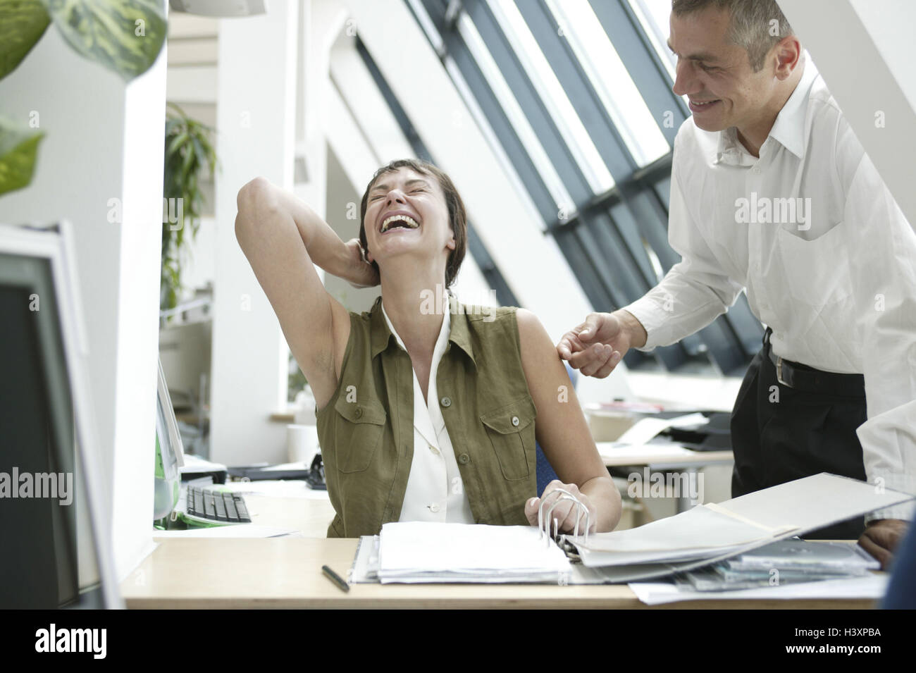 Office, colleague, discussion, man, woman, touch, flirtation, happy ...