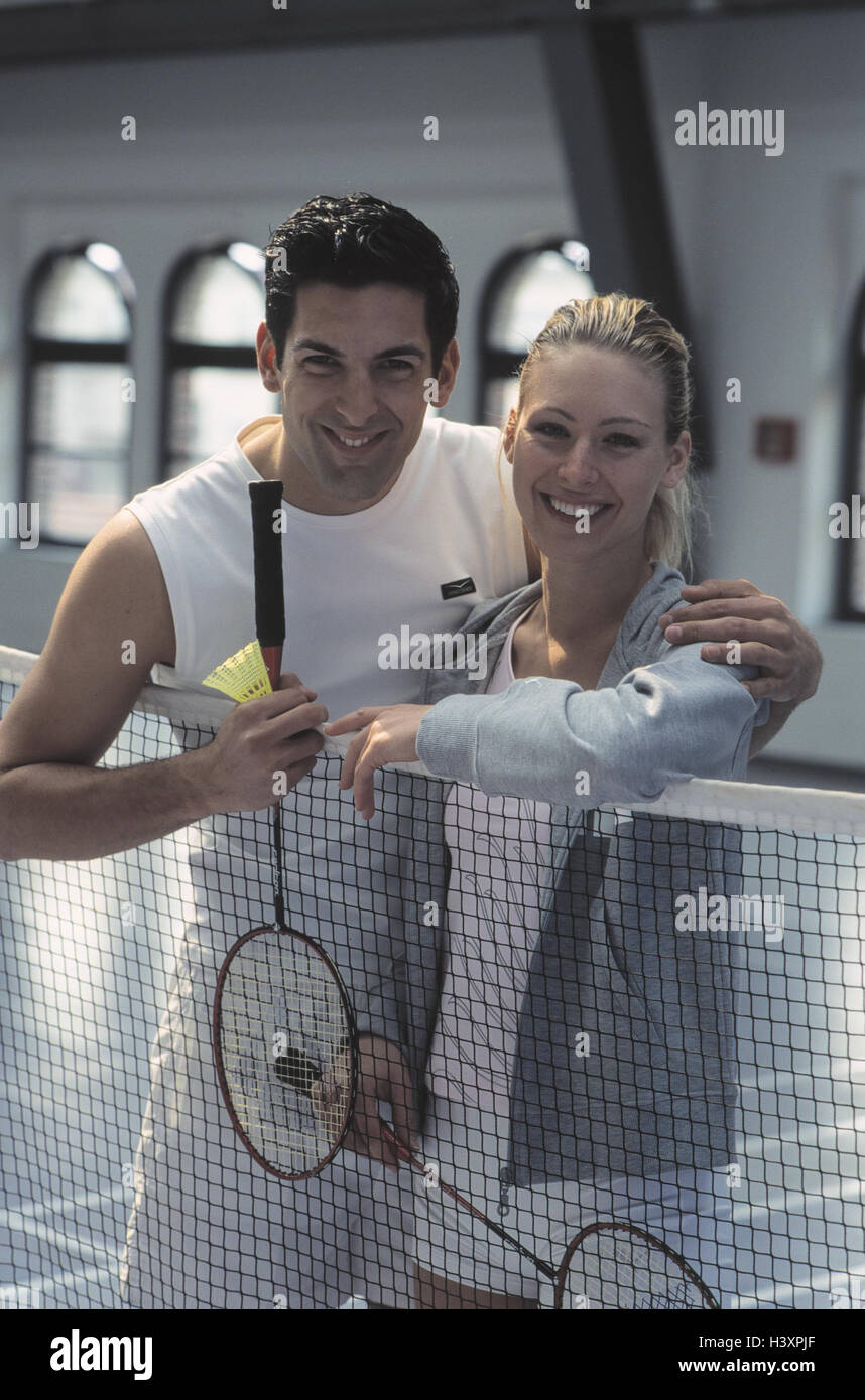 Couple, sport, badminton, hall, break, pitch, network, leisure time ...