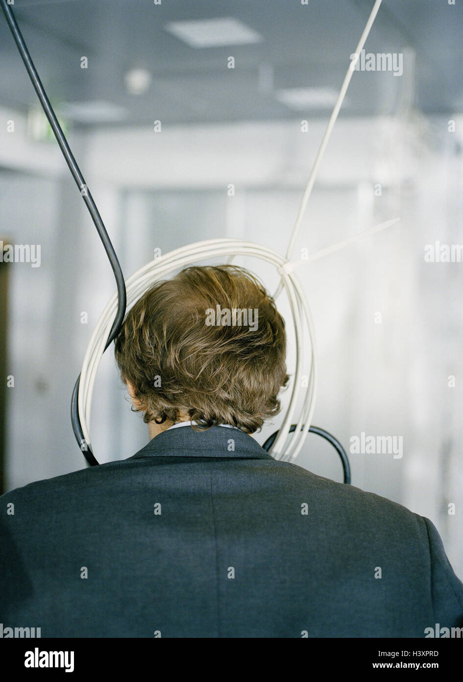 Businessman, back view, desperation, loop, cable, attempted suicide ...