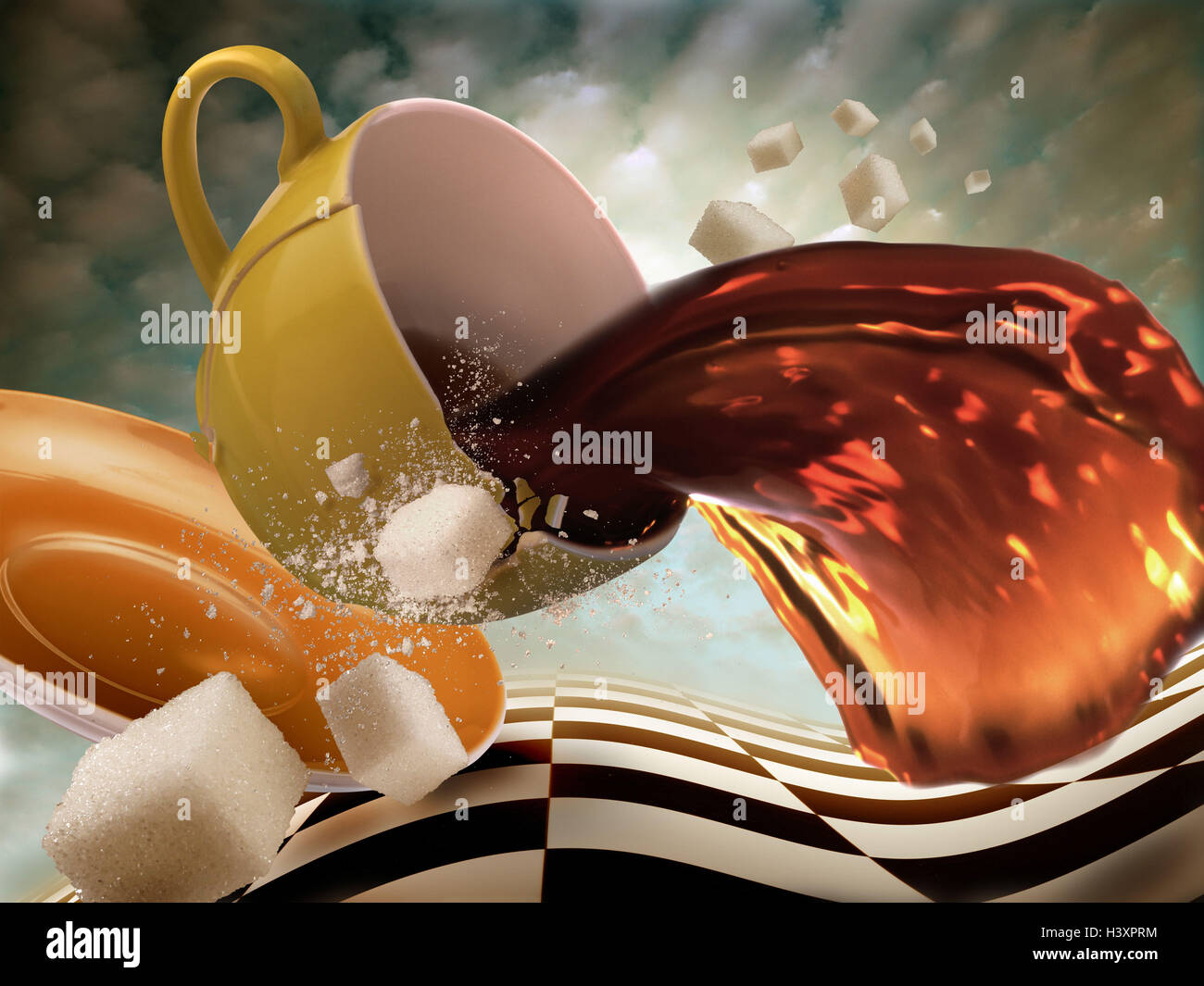 Surrealism, coffee cup, broken, coffee, sugar cubesonders, bury, cloudy ...