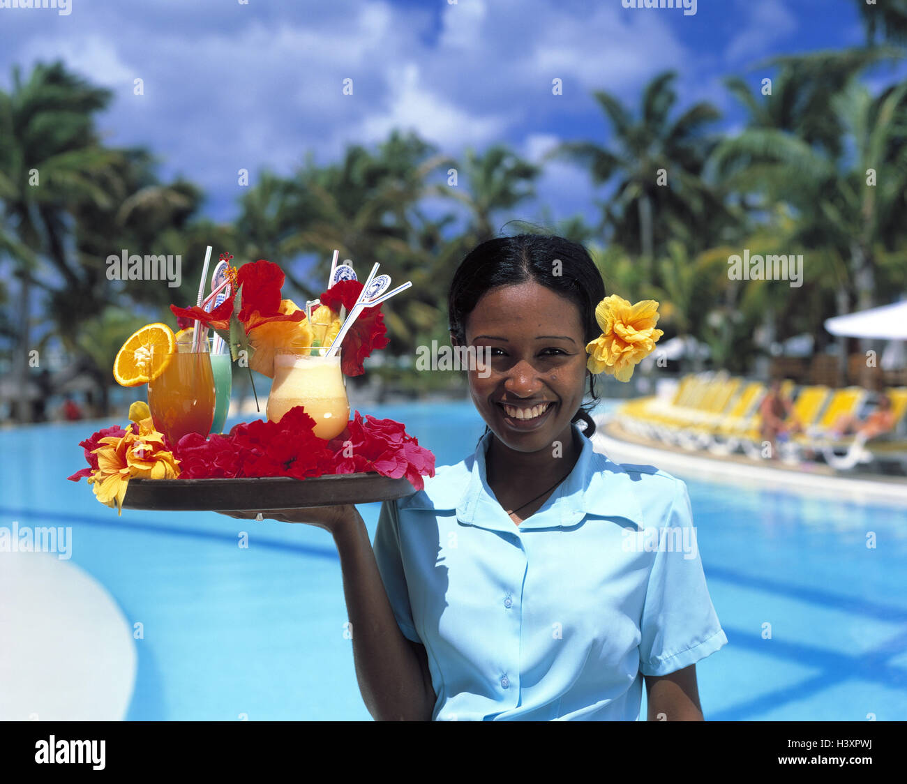 Mauritius, pool margin, woman, tablet, cocktails, serve, half portrait ...