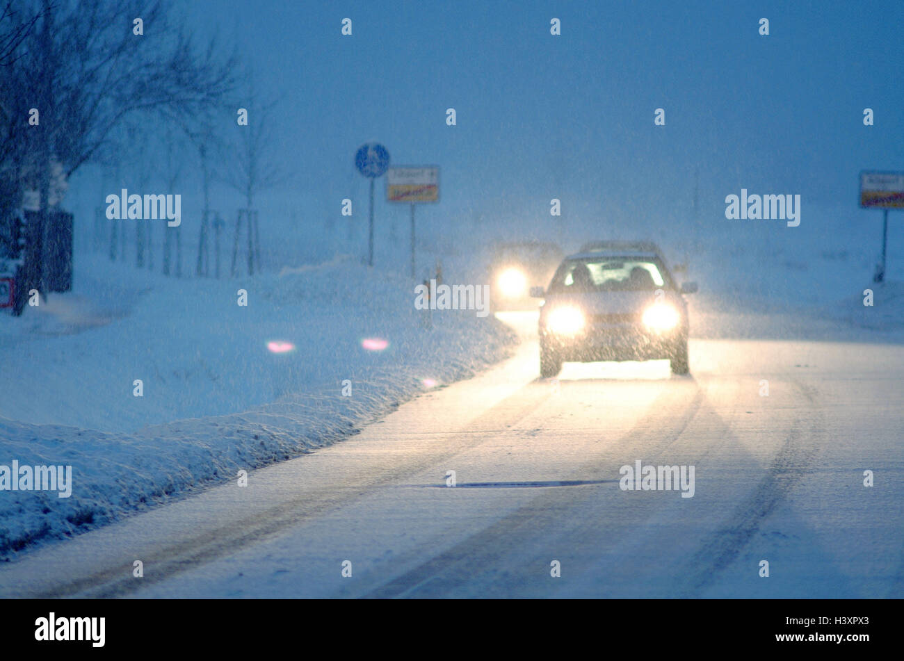 Street, traffic, vehicles, headlights, snowfall, dusk, blur street ...