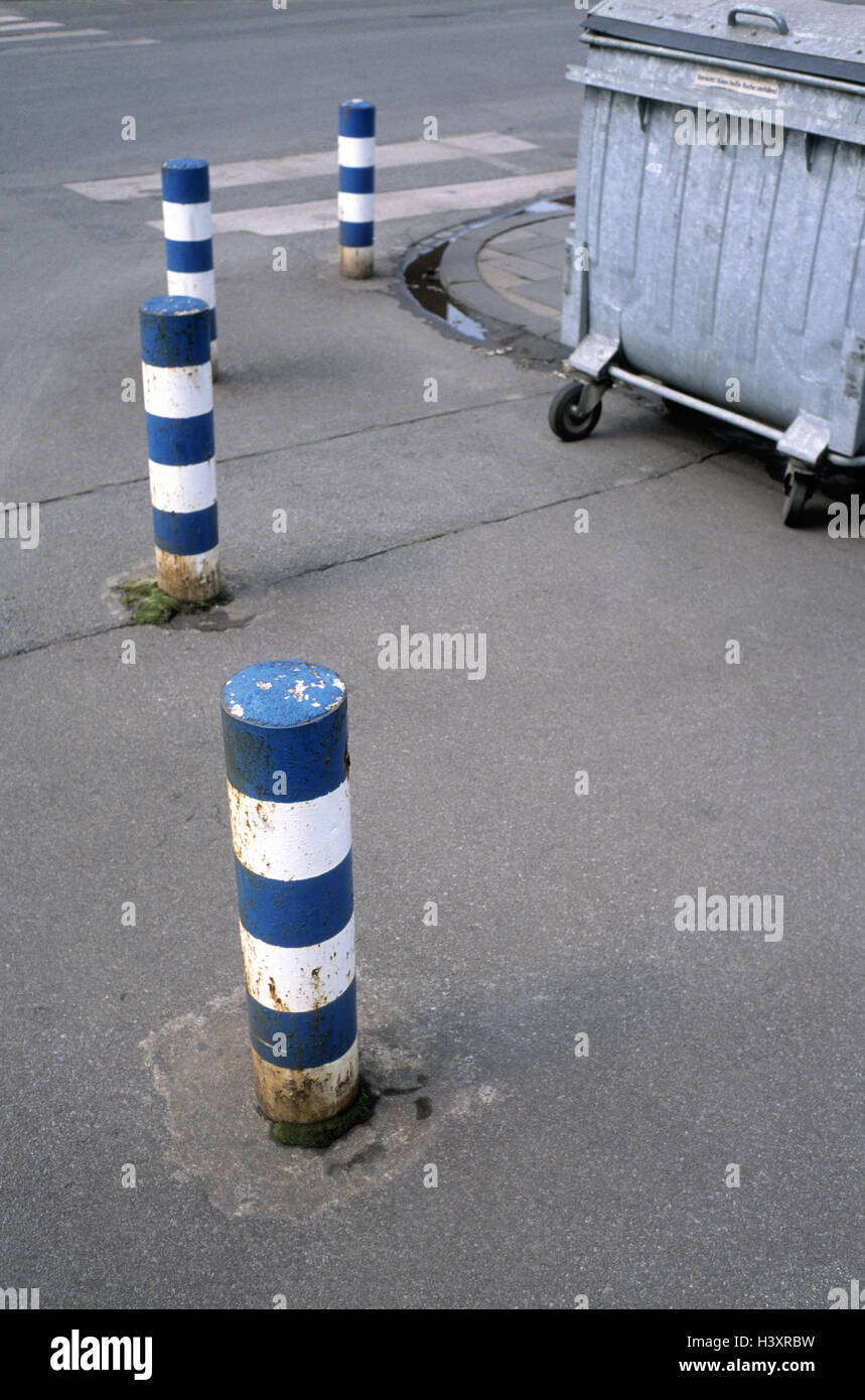 Garbage container, limitation posts, street, asphalt, tar, limitation ...