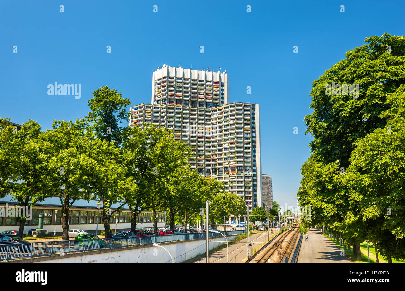 View of Collini Center and tram line on the embankment of Mannheim ...