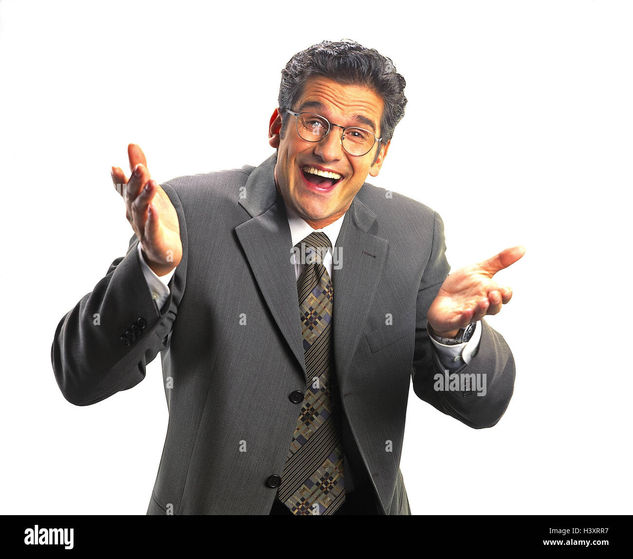 Man, glasses, suit, laugh, pull up gesture, lighthearted, half portrait ...